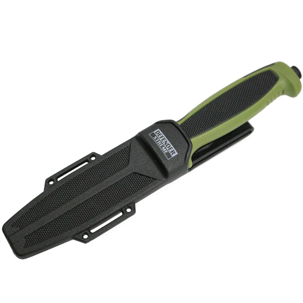Defender-Xtreme 9.5" Green Rubber Handle Hunting Knife Stainless Steel Gut Hook