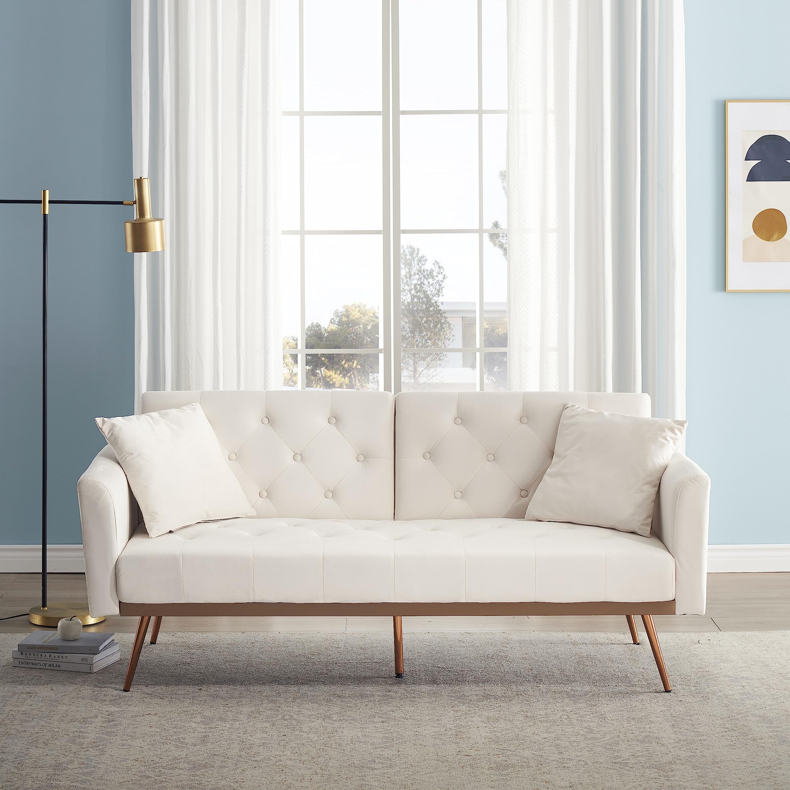 NoeBanJe Mid Century Modern Velvet LoveSeat Couches, Convertible Futon Sofa Bed with Metal Legs and Pillows, Adjustable Sleeper Sofa for Small Spaces, Bedroom Living Room (Beige)