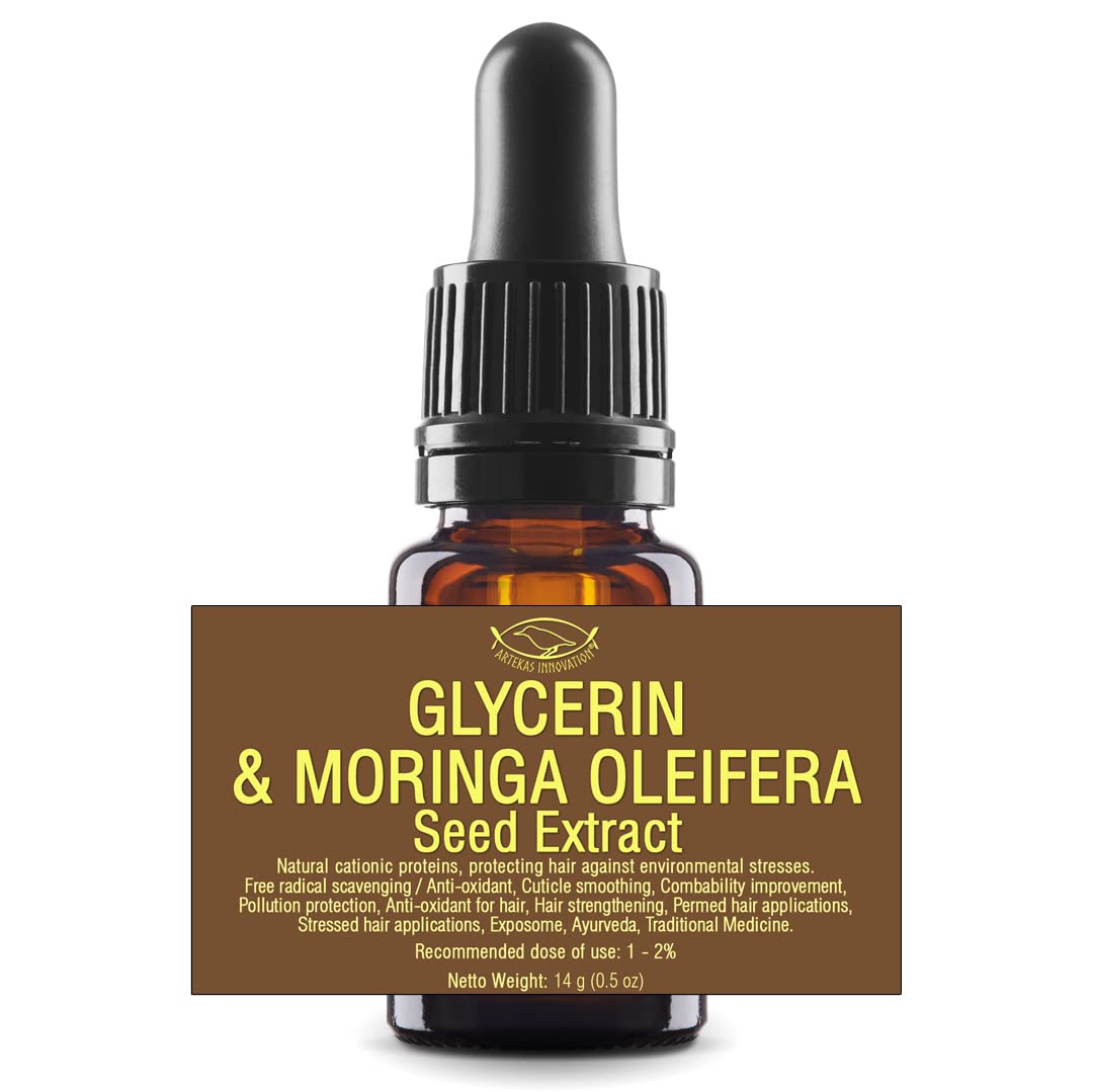 GLYCERIN & MORINGA OLEIFERA Seed Extract Solution - 14 g | 0.5 oz â Anti-oxidant, Cuticle smoothing, Combability improvement, Pollution protection, Hair strengthening, Permed hair applications