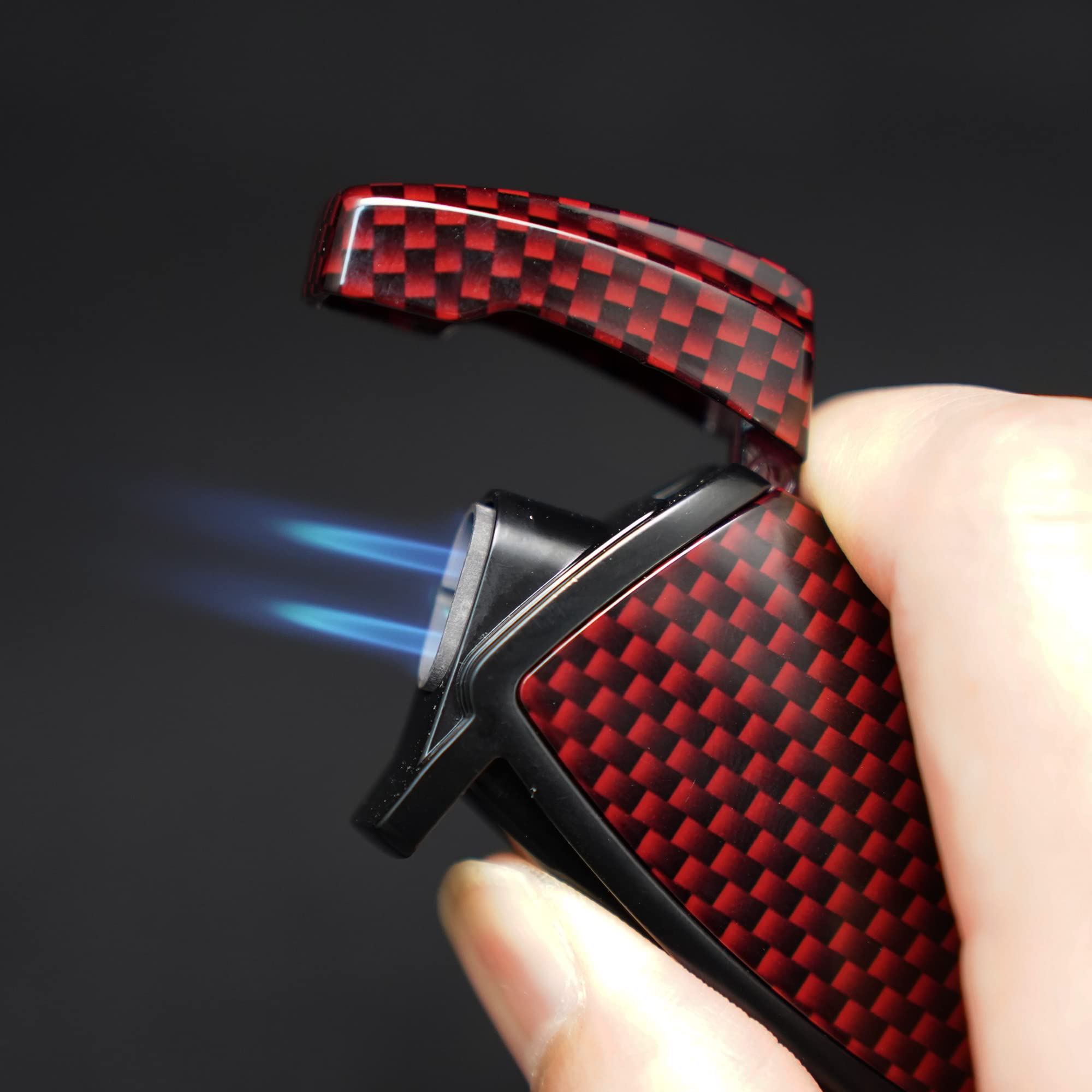 Cigar Lighter Double Torch Carbon Fiber Style, Built-in Cigar Punch (Red)