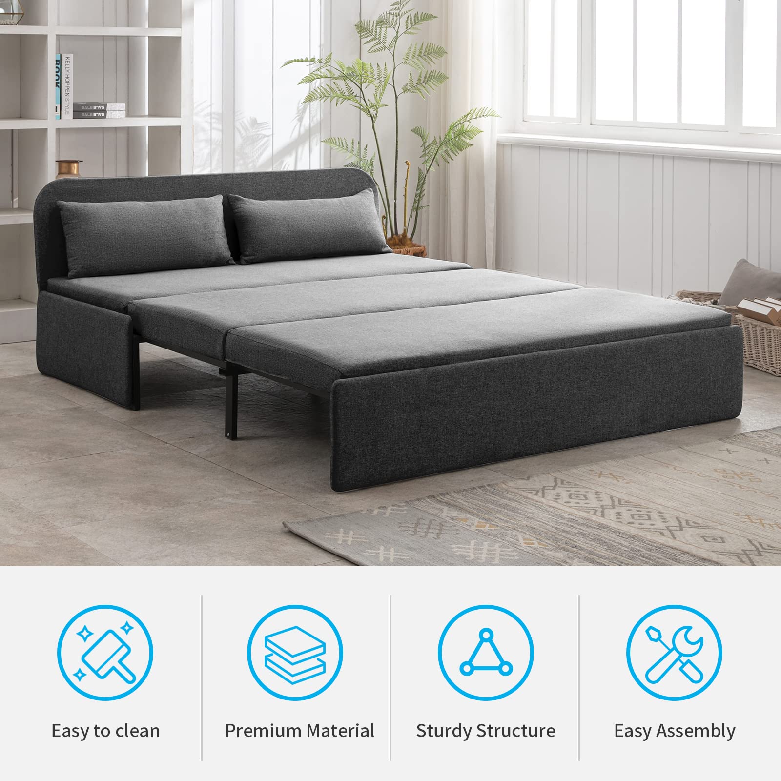 Mjkone Queen Size 2 in 1 Convertible Sofa Bed, Linen Loveseat with 1 Foldable Mattress and 2 Cushions, Pull Out Sleeper Sofa,Couch Bed for Small Place, Apartment and Office - Dark Gray