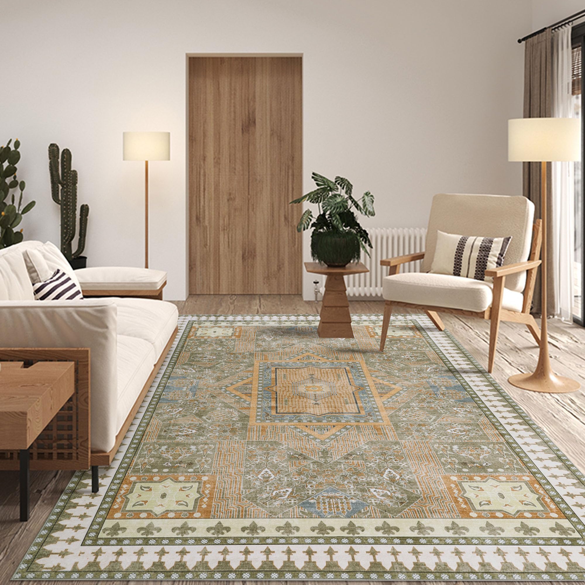 HOMBYS 9x12ft Vintage Area Rug for Living Room Bedroom, Large Boho Non-Slip Floor Carpet for Indoor Office Dining Room, Traditional Home Deco, Khaki, Machine Washable