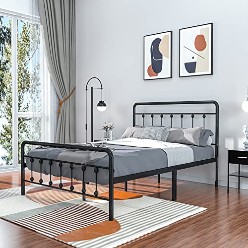 Noillats Metal Bed Frame Full Size with Vintage Headboard and Footboard, Solid Sturdy Steel Slat Support Mattress Foundation, No Box Spring Needed, Steel Grey