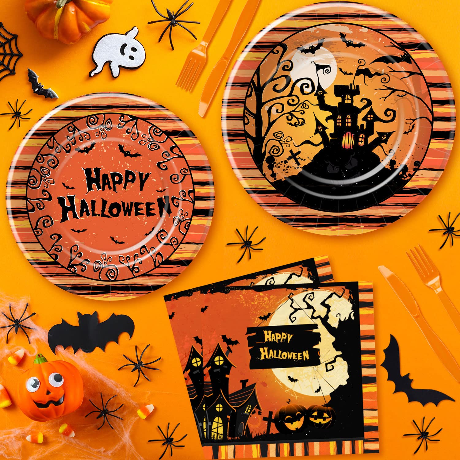 HIPVVILD Halloween Decorations Tableware - Halloween Party Supplies Include Halloween Plates, Napkins, Cups, Tablecloth, Disposable Cutlery, Straws, Halloween Party Decorations Dinnerware | Serves 24