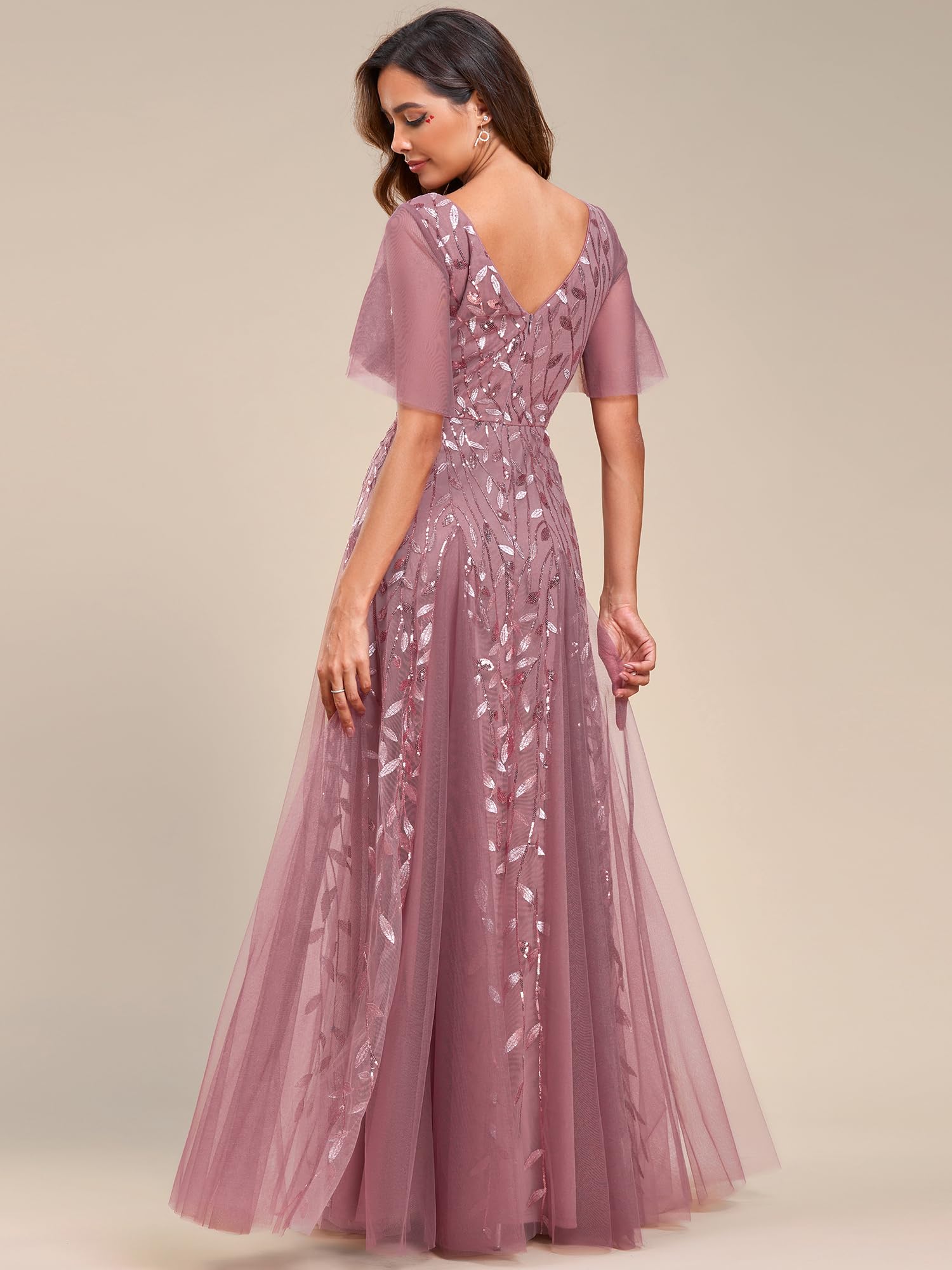 Ever-Pretty Women's Sequin Sparkly V-Neck Short Sleeve Maxi Evening Dress Prom Gowns Orchid US12