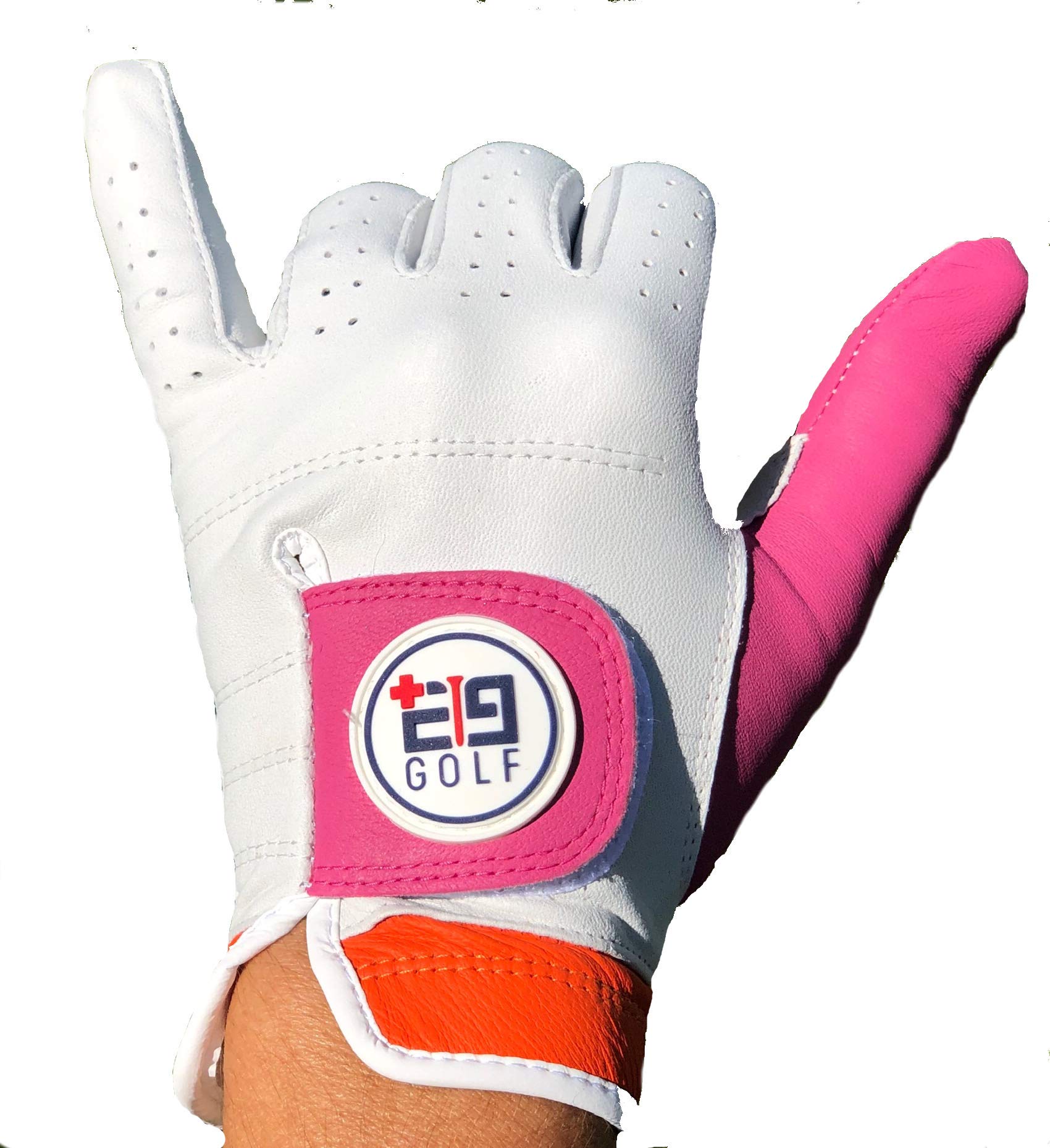 e9 Golf Tour Performance Leather Golf Glove– Premium Gloves for Women – Original White, Pink and Orange Design – Ultra Soft Leather – Breathable and Comfortable - Small Left