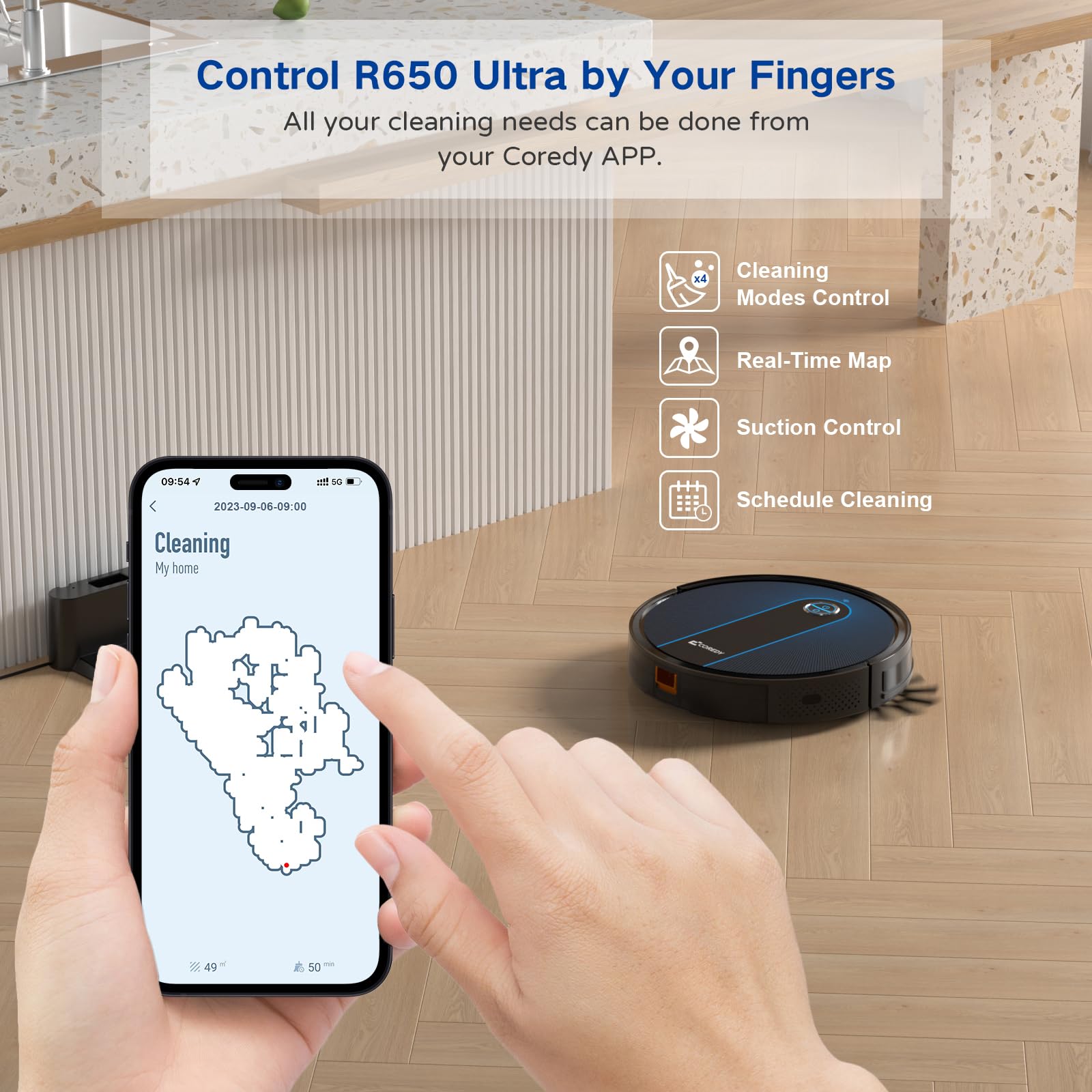 Coredy Robot Vacuum, R650 Ultra Robotic Vacuum with 2200 Pa Strong Suction, Gyro Dynamic Navigation, Z-zag Cleaning Path, App Control, Real Time Map, Compatible Alexa, Ideal for Carpet, Hard Floor
