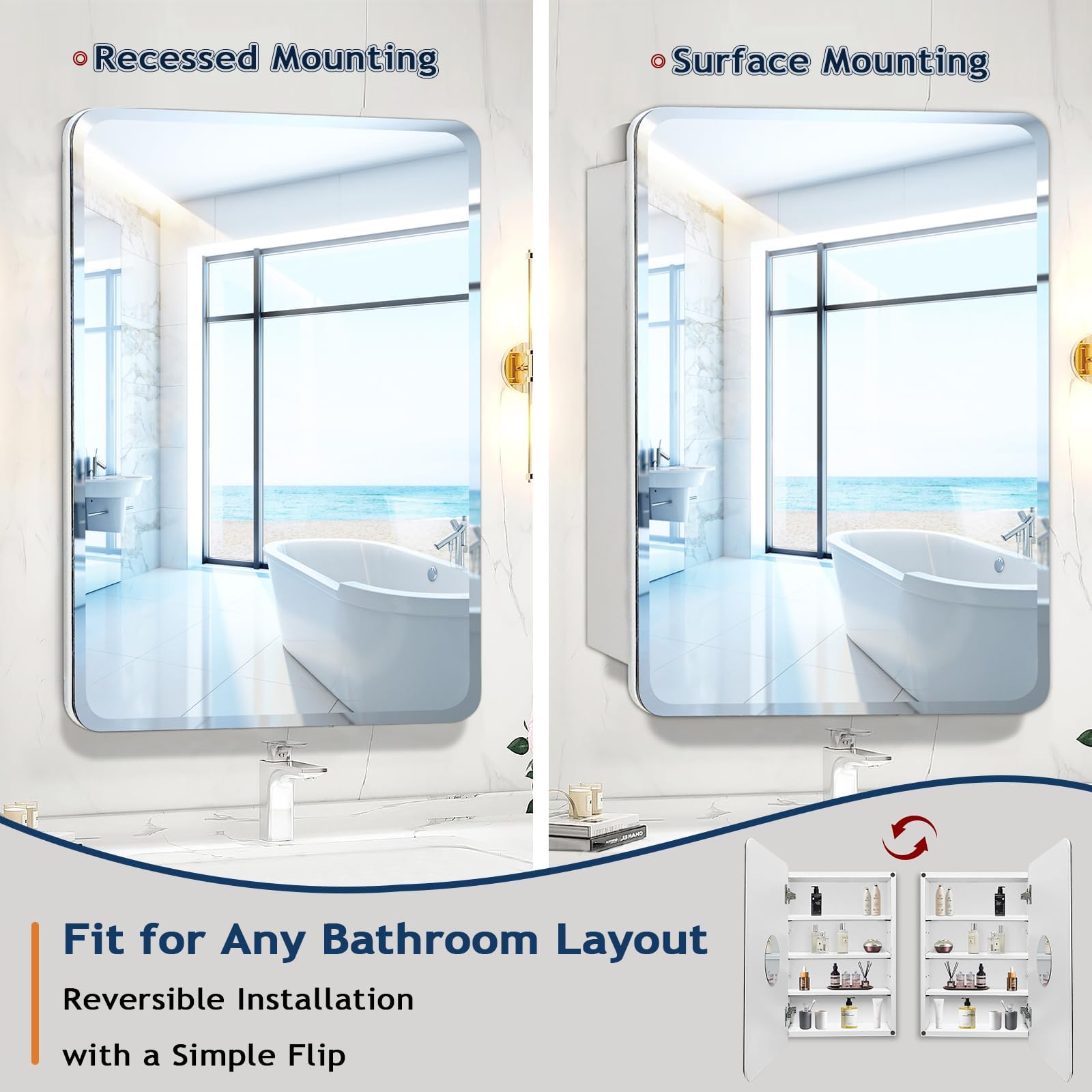 Jesantab White Medicine Cabinet Mirror for Bathroom, 20x30 Inch Recessed Medicine Cabinet or Surface Mount, Frameless Beveled Bathroom Mirror with Storage Modern Farmhouse