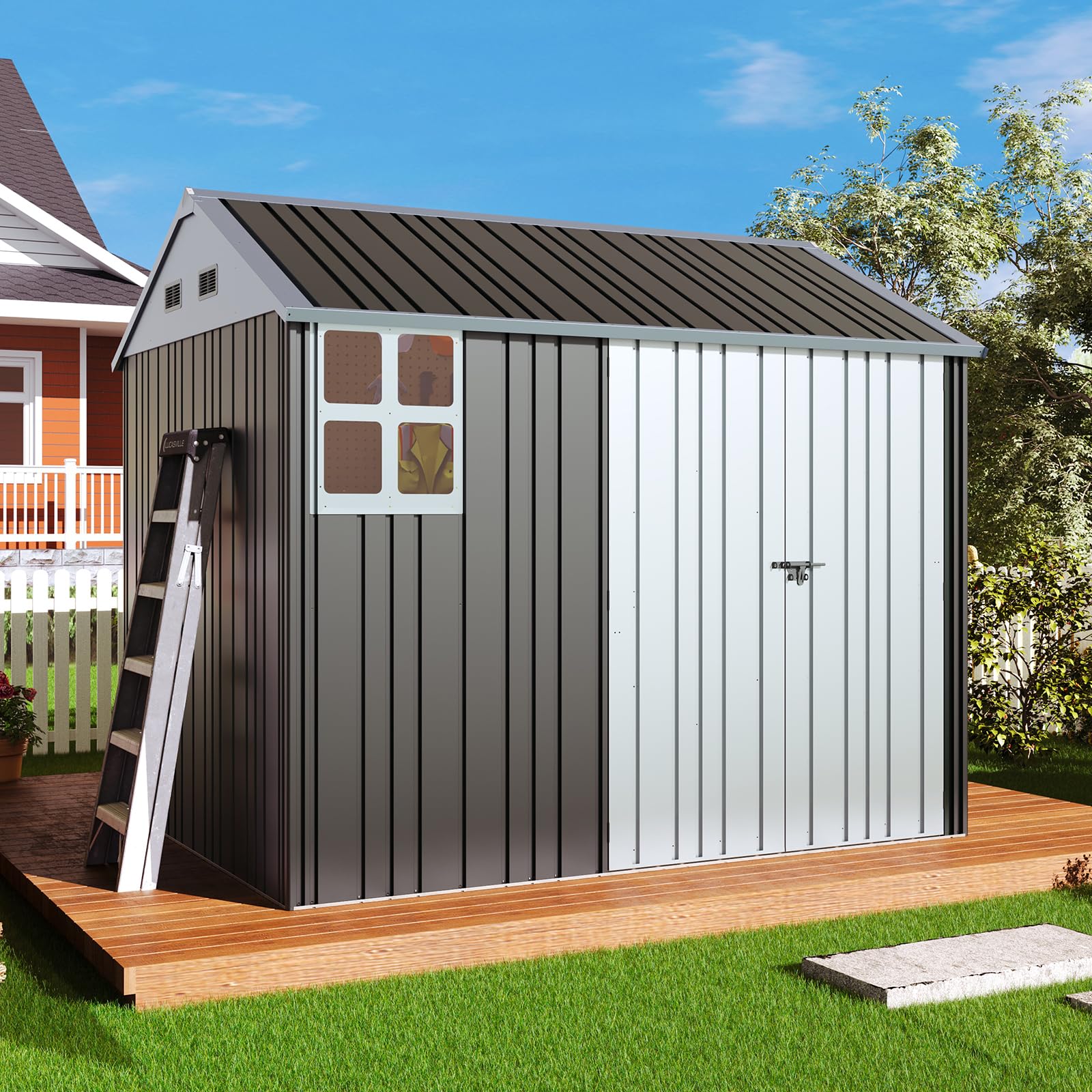 Jocisland 8.5x7.1x7.5 FT Galvanized Steel Outdoor Storage Shed, Lockable Double Hinged Doors and 4 Vents, Metal Shed for Backyard Storage, Dark Black/White