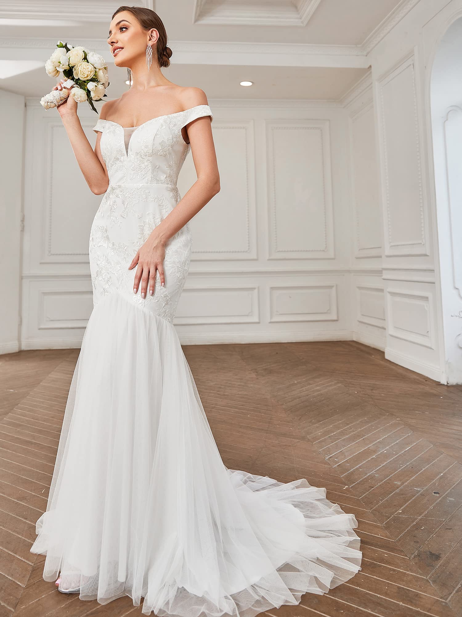 Ever-Pretty Women's Elegant Sleeveless Off Shoulder Mermaid Wedding Dresses for Women White US4
