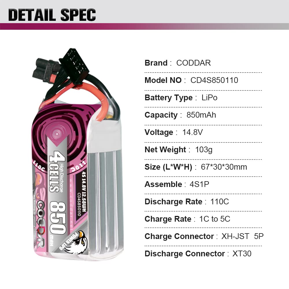 CODDAR 850mAh 4S 14.8V 110C LiPo Battery with XT30 Connector for RC Heli Airplane Quadcopter Helicopter Multi-Motor Hobby DIY Parts,63mm to 101mm Size FPV, 63mm inch to 76mm CineWhoop, CD4S850110