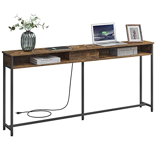 VASAGLE 70 Inch Console Table with Outlet and Shelves, Sofa Table with Hidden Charging Station, Behind Couch Table Skinny, Long Entryway Table for Hallway, Living Room, Rustic Brown and Black