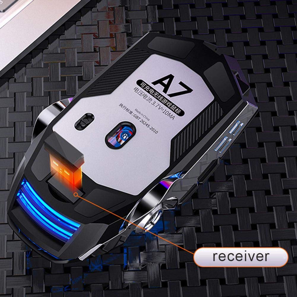 Eachbid Gaming Mouse 2.4GHz Rechargeable Silent Mouse 7 Buttons 800/1200/1600DPI, 7 Color Breathing Lights LED Optical Mouse for PC Laptop Black