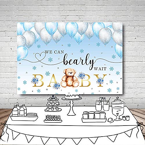 MEHOFOND 7x5ft Winter Snowflake Bear Boy Baby Shower Backdrop We Can Bearly Wait Bear Blue and Silver Balloons Photography Background Party Decor Cake Table Decor Banner Photo Booth