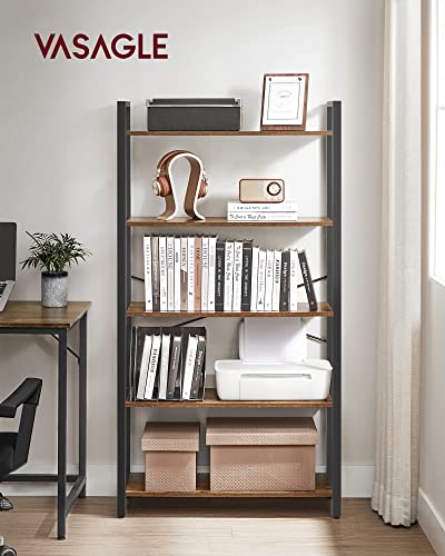 VASAGLE Bookshelf, 5-Tier Storage Rack with Steel Frame, for Living Room, Office, Study, Hallway, Industrial Style, Rustic Brown + Black, β11.8 x β31.5 x 60 inches