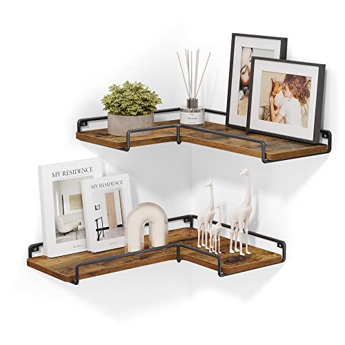 VASAGLE Corner Shelf Wall Mount Set of 2, Corner Floating Shelves, Small Corner Wall Shelf for Decor Storage, for Living Room Bedroom Kitchen Bathroom, Rustic Brown and Black ULLS831B01