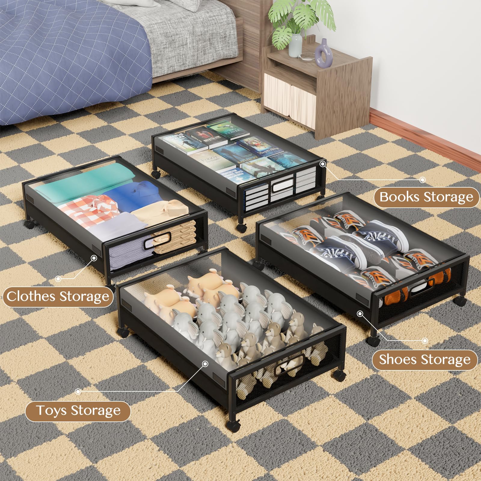 Futego Under Bed Storage with Wheels,2 Pack Under bed Storage Containers with Clear Lids,Rolling Underbed Organizer Drawer Bins with Sturdy Handles for Bedroom Closet Clothes Shoes Toys Books Blankets