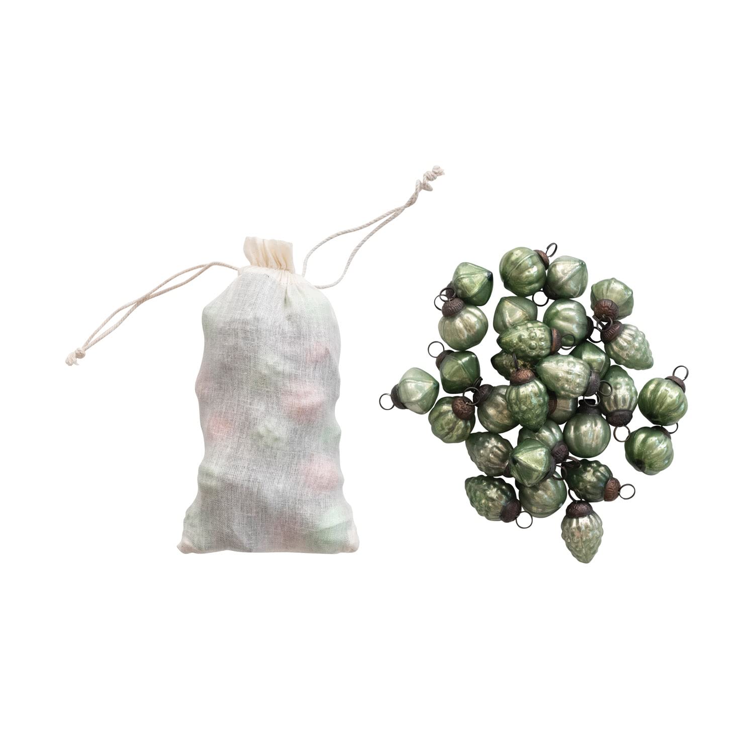 Creative Co-Op Embossed Mercury Glass Ornaments In Muslin Bag, Green, Set Of 36