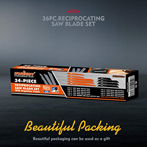 HORUSDY 34-Piece Reciprocating Saw Blades Set, Metal & Woodcutting Saw Blades, Sawzall Blades with Pouch.