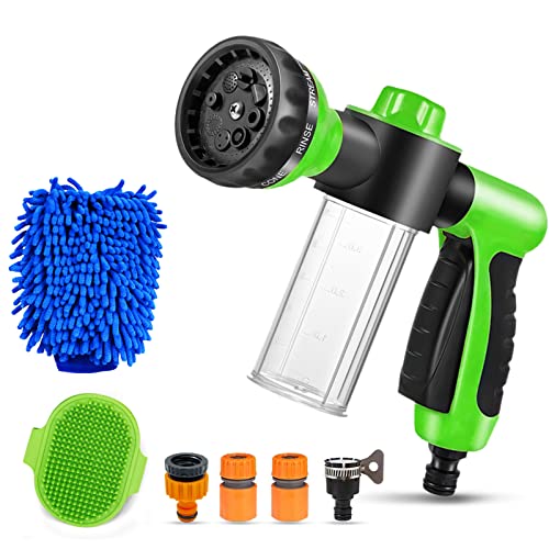 Pup Jet Dog Wash Hose Nozzle Foam Sprayer Dog Horse Sprayer Wash Hose Attachment Soap Dispenser Bottle Nozzle Sprayer Washing Car Shower Pet Bathing Tool(green with gloves)
