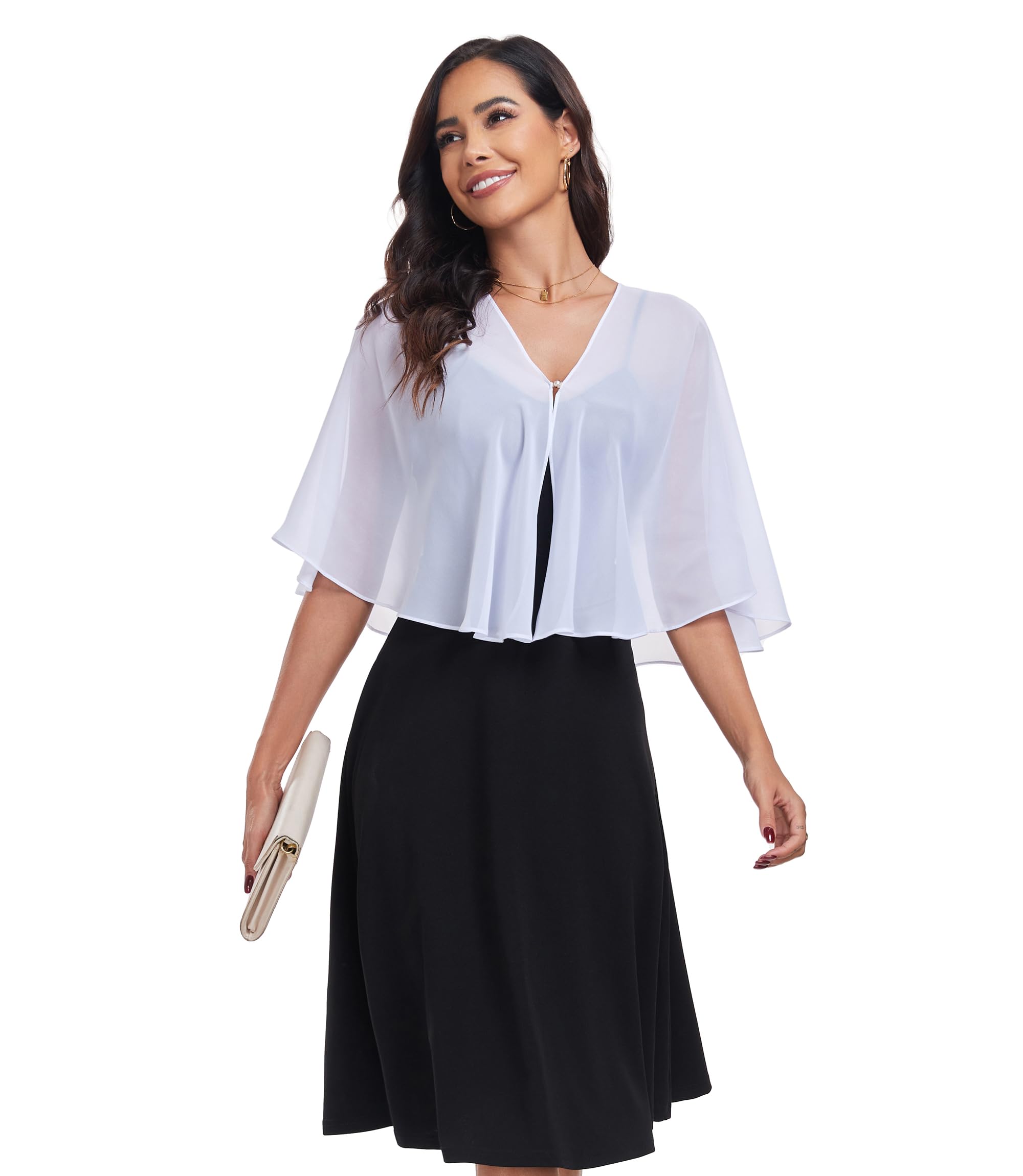 Fttyeiby Shawls and Wraps for Evening Dresses Chiffon Soft Wedding Guest Shawl Cape V Neck Capelets White
