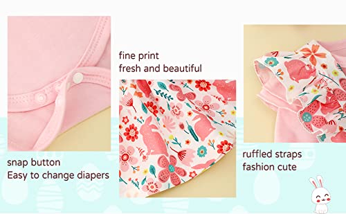 TUEMOS Baby Girl First Easter Outfits Long Sleeve Romper Bunny Suspender Skirt Easter Newborn Clothes Set Flower Pink 3-6 Months