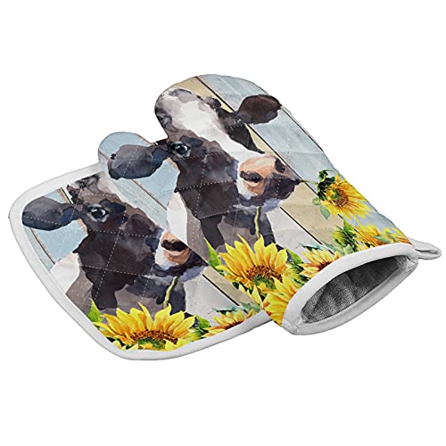 Farm Animal Oven Mitts, Thermal insulation Oven Gloves for Handle Hot Kitchen Items Safely, Anti-Skid Cooking Potholders for Cooking, Baking and Grilling - Cow with Sunflowers on Wood Grain Background