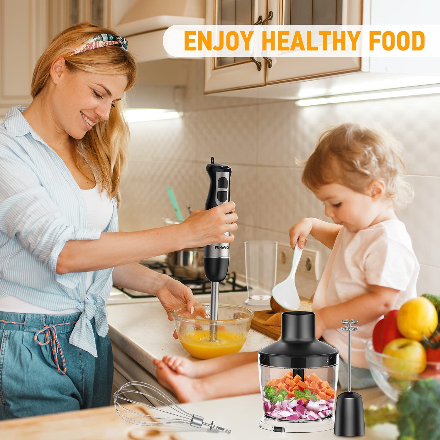 Hand Blender, 800W 5-in-1 Immersion Hand Blender,12-Speed Multi-function Stick Blender with 500ml Chopping Bowl, Whisk, 600ml Mixing Beaker, Milk Frother Attachments, BPA-Free (Black)