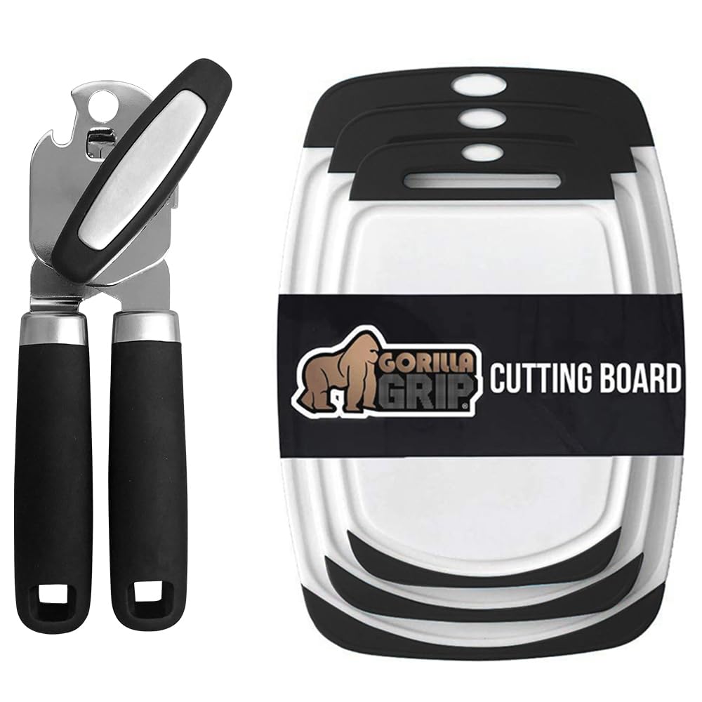 Gorilla Grip Manual Can Opener and Cutting Board Set of 3, Can Opener is Heavy Duty Stainless Steel, Cutting Boards Are 100% BPA Free and Reversible, Both in Black Color, 2 Item Bundle