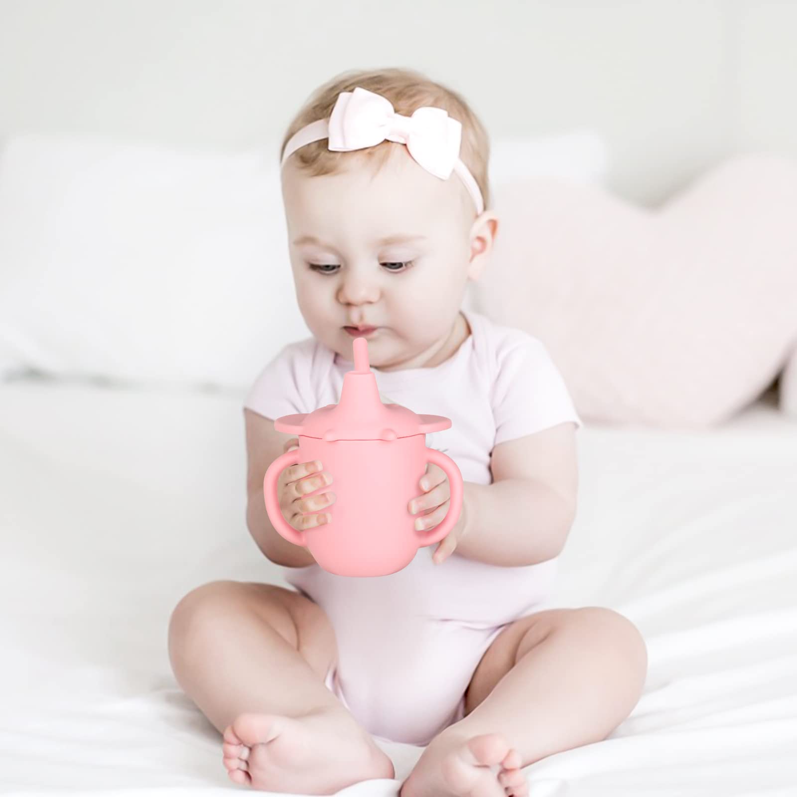 Fu Store Toddler Cup Elephant Silicone Training Cup Sippy Cup 3-in-1 with Straw Lid Trainer Cup with Handle for Babies Toddlers and Infant (Pink)