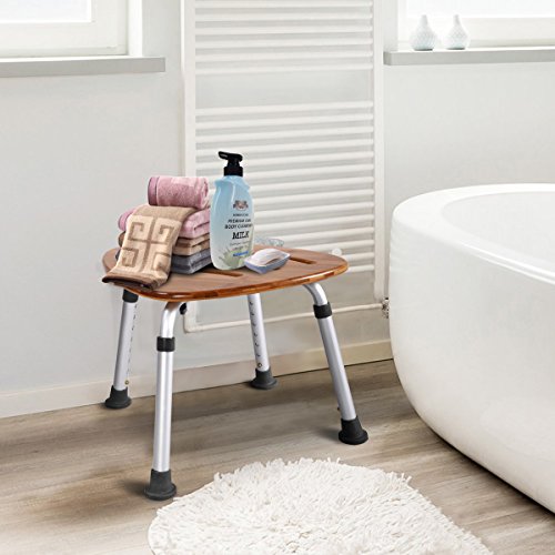 Goplus Bamboo Bath Seat, Waterproof Bathroom Shower Seat,Spa Massage Chair, Triangular Fanshaped with Slip-Resistant Rubber Bathroom Organizer, Weight Capacity: 350 Lbs