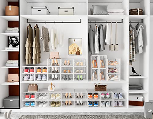 HOMIDEC 12 Pack Shoe Storage Box, Clear Plastic Stackable Sneaker Box, Shoe Organizer for Closet Under Bed Entryway(White)