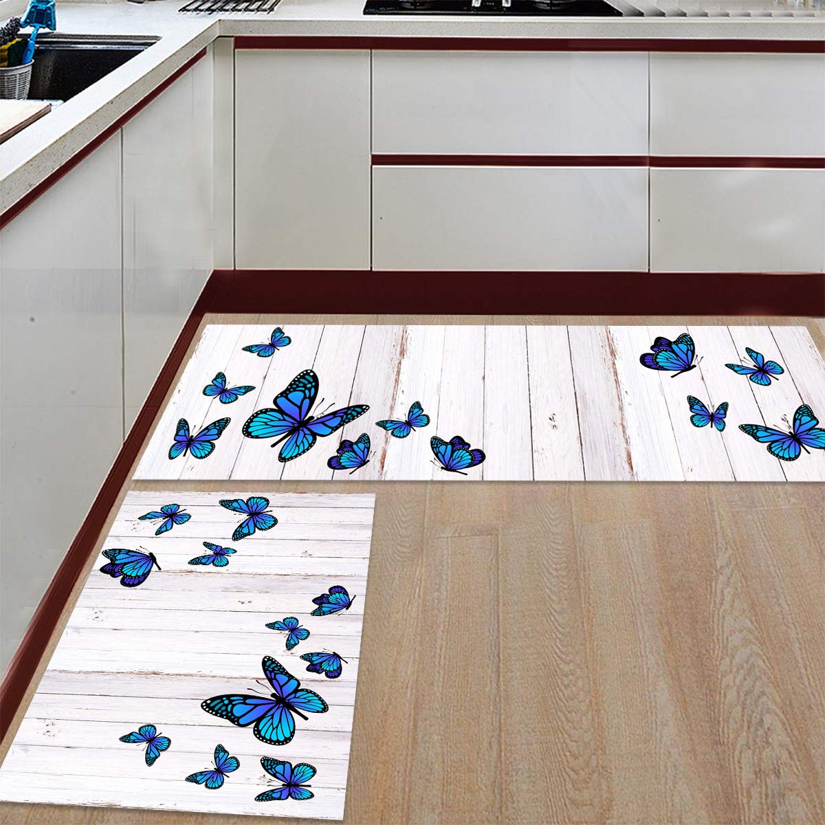 Farmhouse Style Kitchen Mats for Floor Cushioned Anti Fatigue 2 Piece Set Kitchen Runner Rugs Non Skid Washable Butterfly Vintage Wooden Plank