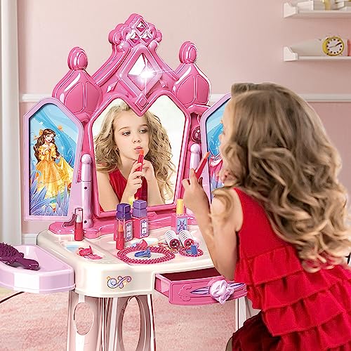 Pretend Play Girls Makeup Table Set with Stool,Open Doors by Gestures,Kids Vanity Set with Lights and Music,Toddler Beauty Salon Set with Makeup Accessories & Hair Dryer Toy for Toddlers 3-5 Years Old