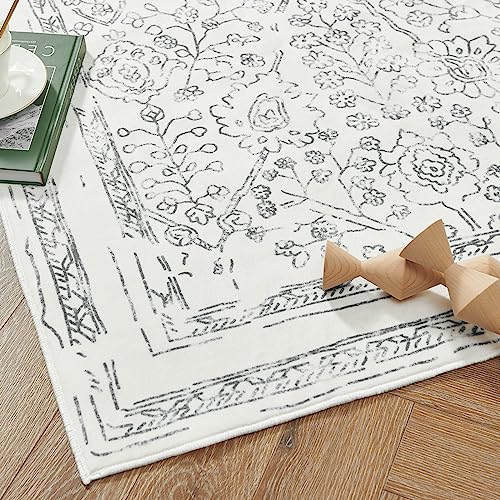 jinchan Area Rug 5x7 Rug Washable Boho Bedroom Rug Indoor Floral Print Carpet Distressed Thin Rug Accent Rug Lightweight Living Room Dining Room Kitchen Grey On Cream