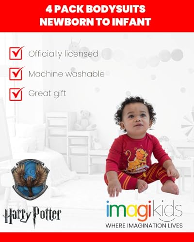 Harry Potter Slytherin Ravenclaw Hufflepuff Infant Baby Boys 4 Pack Bodysuits Blue/Gray/Red/Yellow 12 Months