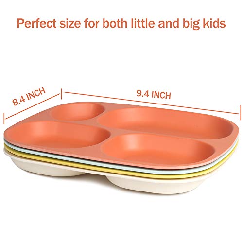 shopwithgreen Bamboo Divided Plates for Kids Adults - Dinnerware for Toddlers Kids Children Baby, BPA Free, Stackable, Dishwasher Safe, 9.4 inch, Set of 4