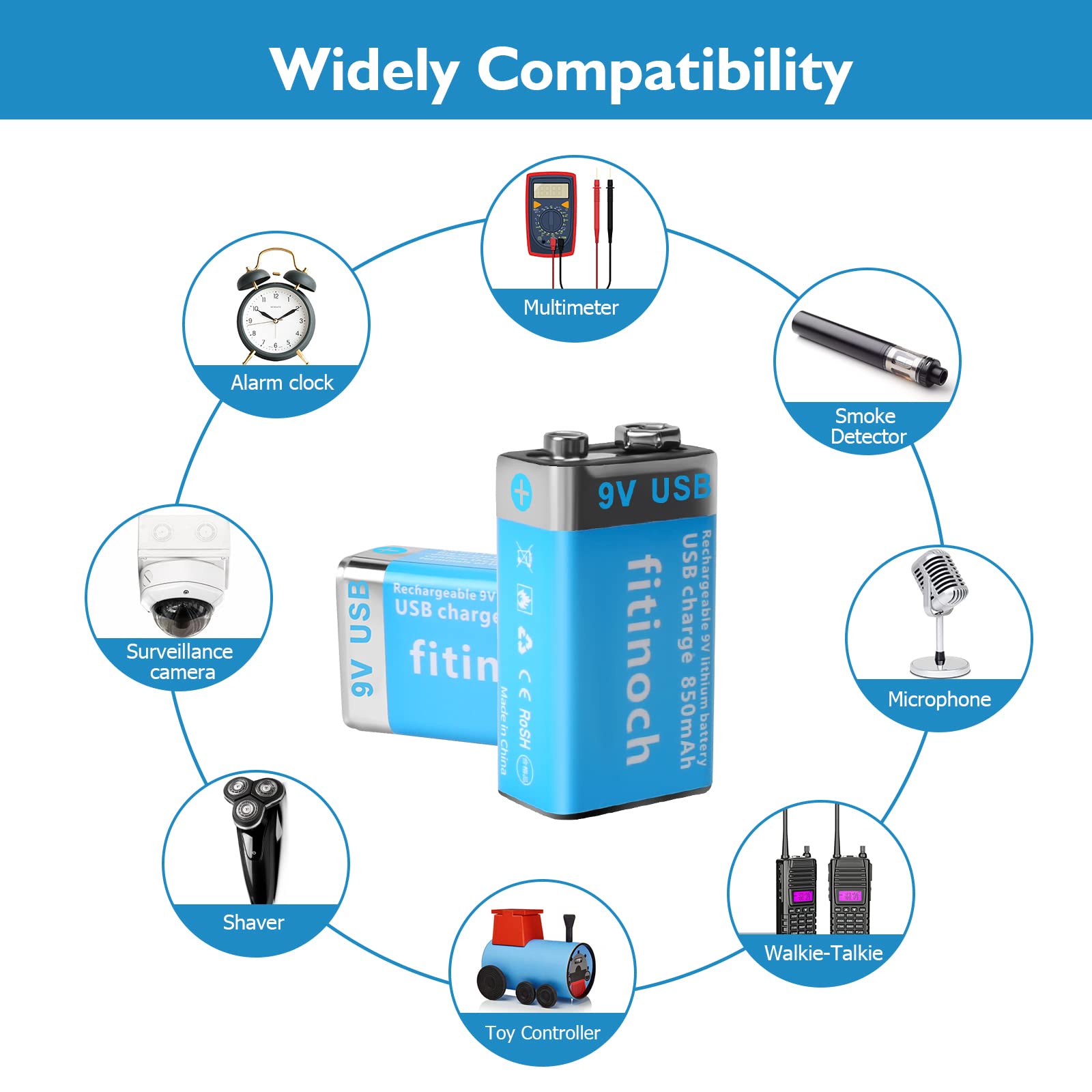 Fitinoch Rechargeable 9V Lithium USB Battery 850mAh with 4 in 1 Charge Cable, 9 Volt Battery 6f22 for Smoke Detector Alarms (4 Pack)
