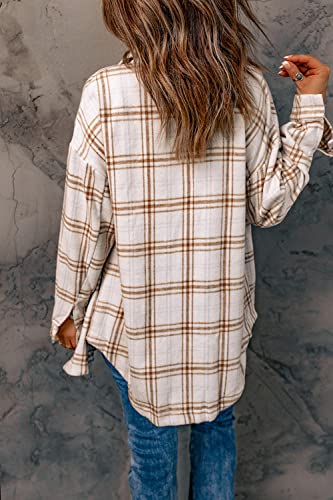 PRETTYGARDEN Women's 2023 Fall Clothes Plaid Shacket Jacket Long Sleeve Button Down Flannel Shirts Fashion Blouse(Plaid Khaki,Large)