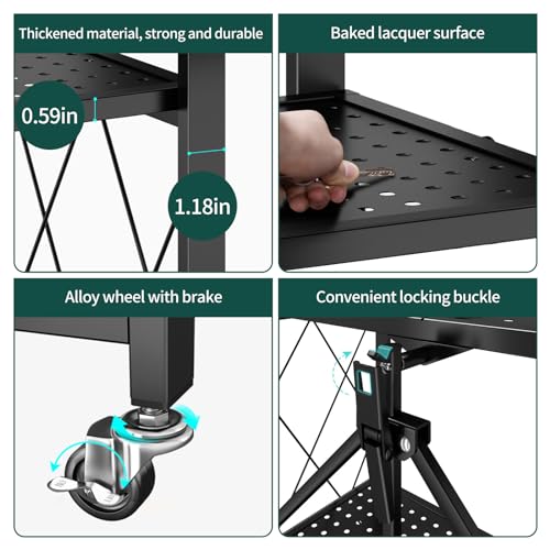 Foldable Storage Shelves on Wheels, 4 Tier Shelves for Storage, Heavy Duty Metal Shelving Units, No Assembly Storage Rack for Garage, Kitchen, Basement, Pantry, Black