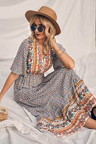 PRETTYGARDEN Women's Casual Summer Boho Floral Print Dress V Neck Short Sleeve High Waist Long Maxi Beach Dresses (White Floral,Medium)
