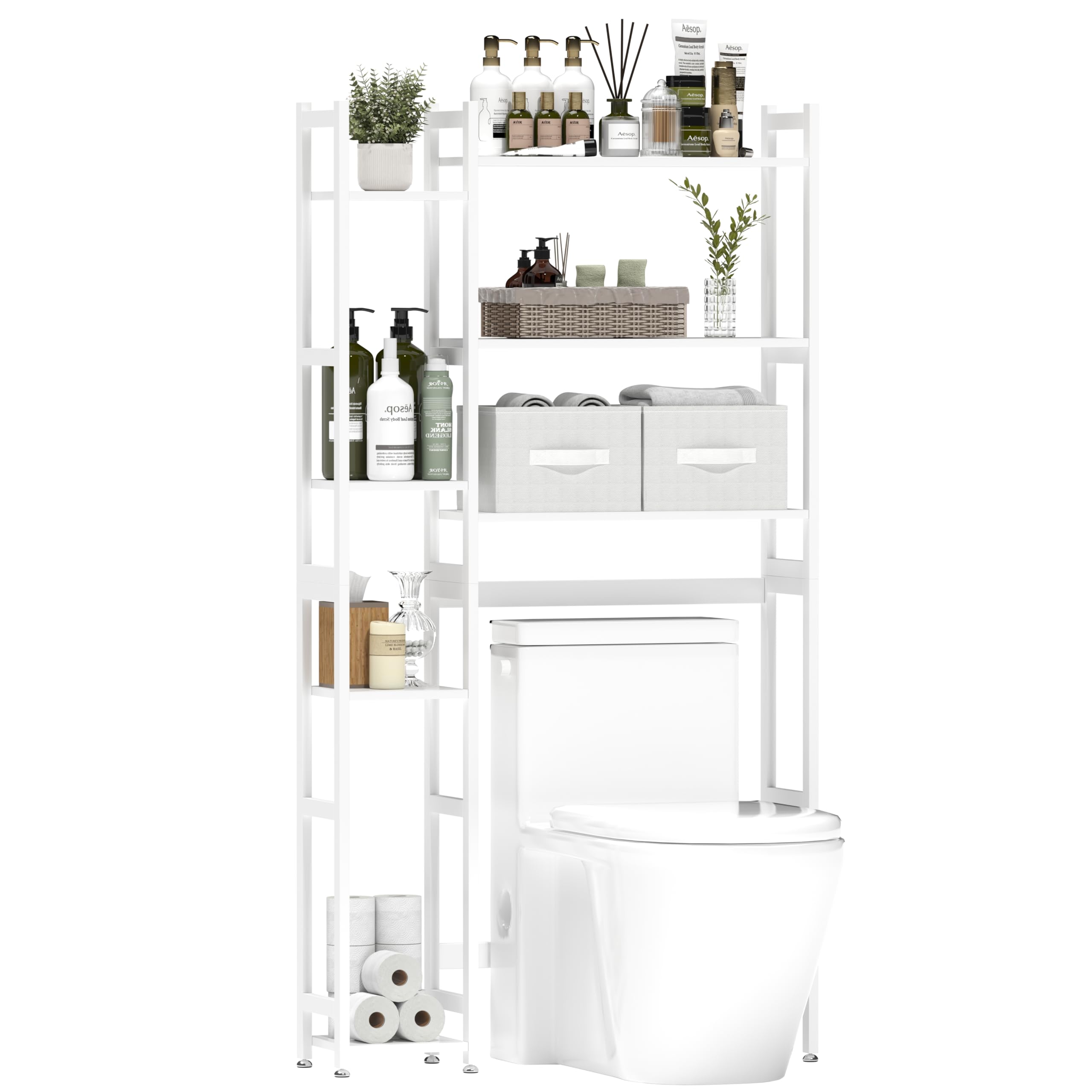 MOGELAFOO Over The Toilet Storage with 7 Shelves and 2 Drawers, Freestanding Bamboo Bathroom Organizer with Adjustable Shelf, Space-Saving Storage Rack for Laundry Room, Restroom, White