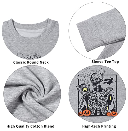 MYHALF Coffee Skeleton Sweatshirt Women Halloween Pumpkin Shirts Funny Graphic Long Sleeves Fall Sweatshirts