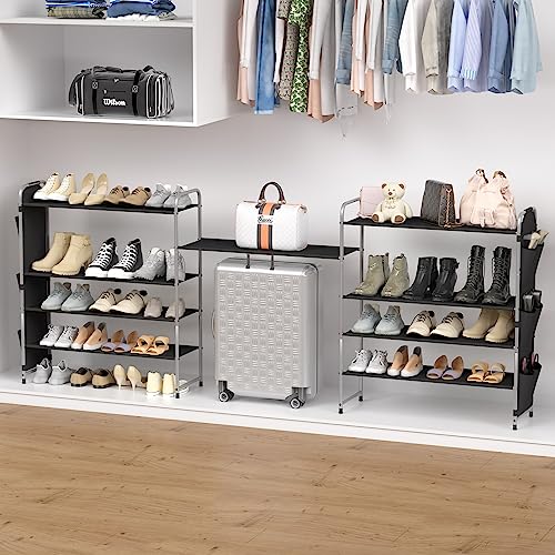 STORAGE MANIAC 5 Tier Shoe Rack with 6 Side Pockets, 23-Pairs Metal Shoes Organizer Free Standing Compact Shoe Storage Organizer Shoe Shelf for Closet Bedroom Entryway Hallway, Black