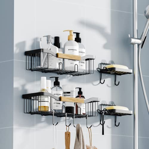 Shower Caddy Bathroom Shelf, 4-Pack Adhesive Shower Organizer with 2 Soap Holders and 16 Hooks, No Drilling Rustproof 304 Stainless Steel Shower Storage Basket Rack for Bathroom & Kitchen Storage