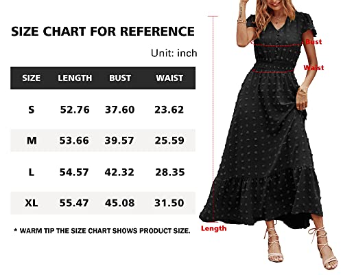 PRETTYGARDEN Womens Boho Short Sleeve V Neck Ruffle Tiered Maxi Dress Swiss Dot Smocked Dress Beach Long Dress (Large, Black)