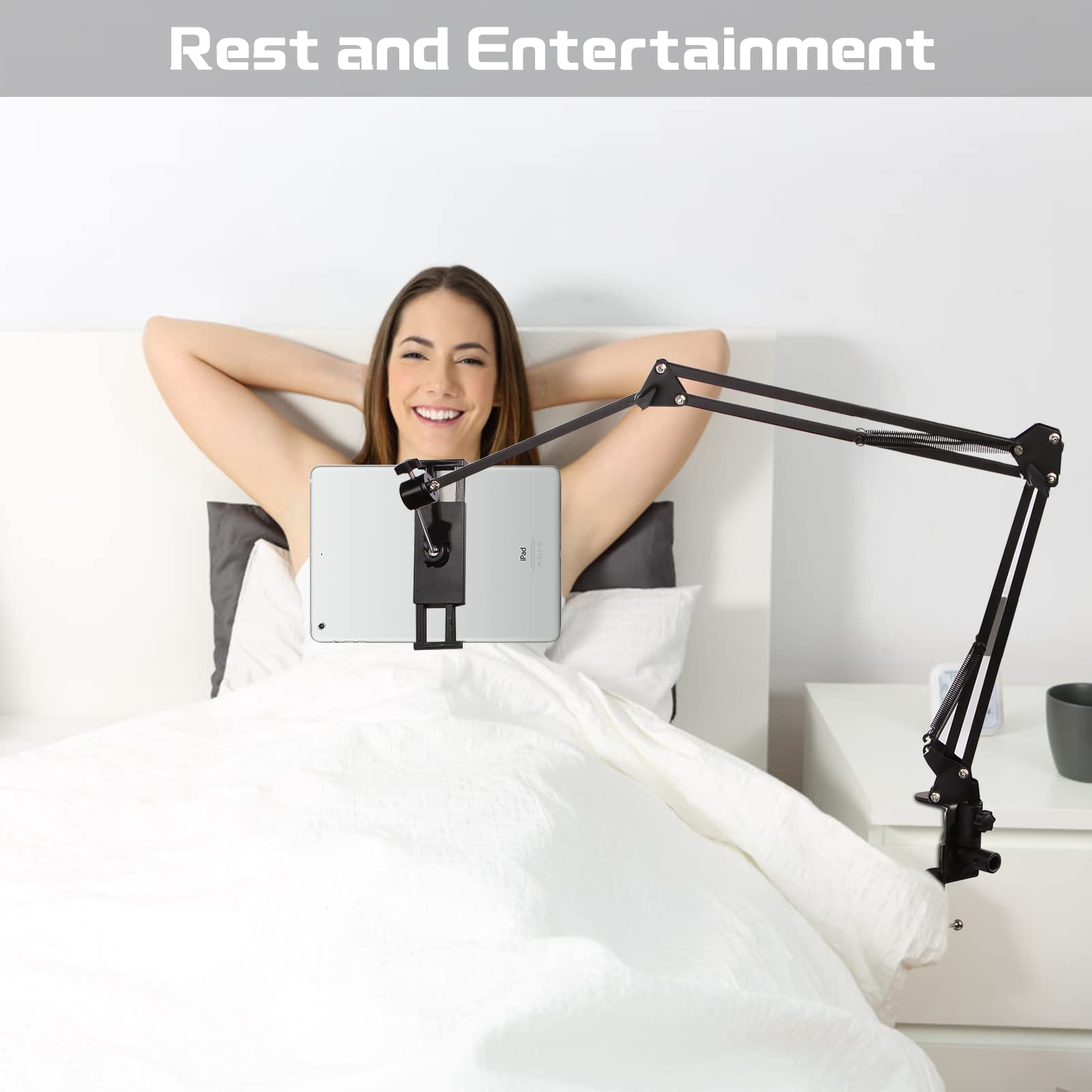Hasinart Tablet Holder for Bed, 4-Joint Adjustable iPad Holder for Bed, 360° Rotating Tablet Arm Stand for iPad, iPhone, Sumsung Tab, Switch and Other 4.7~12.9'' Phones and Tablets