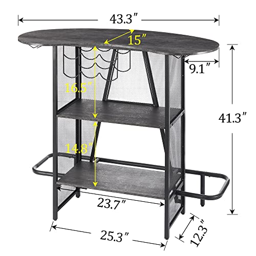 VECELO Bar Unit with Metal Mesh Front, 3-Tier Wine Rack Table with Glasses Holder, Home Liquor Cabinet with Storage and Footrest for Living Room, Kitchen, Cement Grey