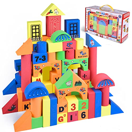 FUN LITTLE TOYS 108 PCS Foam Building Blocks for Toddlers, Large, Stackable, Soft Blocks Set with Alphabet & Numbers, Preschool Stacking Toys for Boys and Girls 1-3