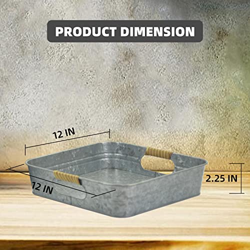 Farmhouse Tray for Coffee Table – Beautiful Galvanized Tray Decor, 12"x12" Galvanized Coffee Table Tray Decor, Galvanized Serving Tray with Handles for Your Home (Set of 2,Galvanized)